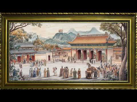 Chinese Village 1600 Vintage Oil Painting for TV Art Display | Elegant Golden Frame Wall Decor | 2H