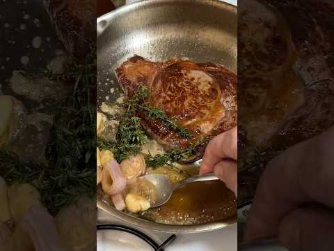 Cooking a ribeye steak in a stainless steel pan #cooking #steak #stainlesssteel