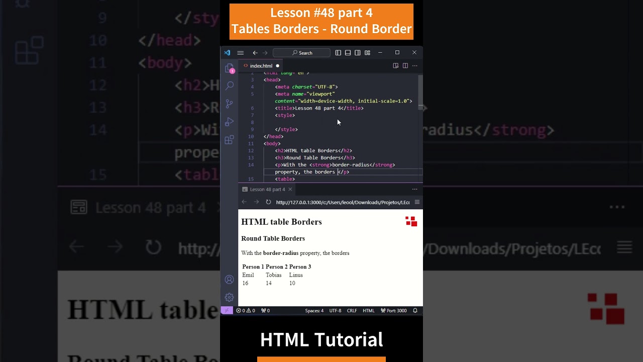 HTML Tutorial - Lesson 48: HTML Tables Borders - Round Table Borders Part 4 #shorts #html #css