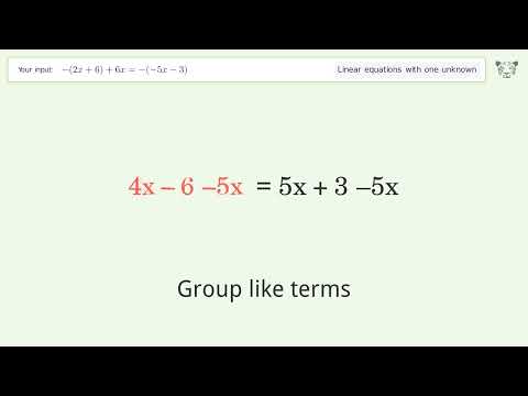 Linear equation with one unknown: Solve -(2x+6)+6x=-(-5x-3) step-by-step solution