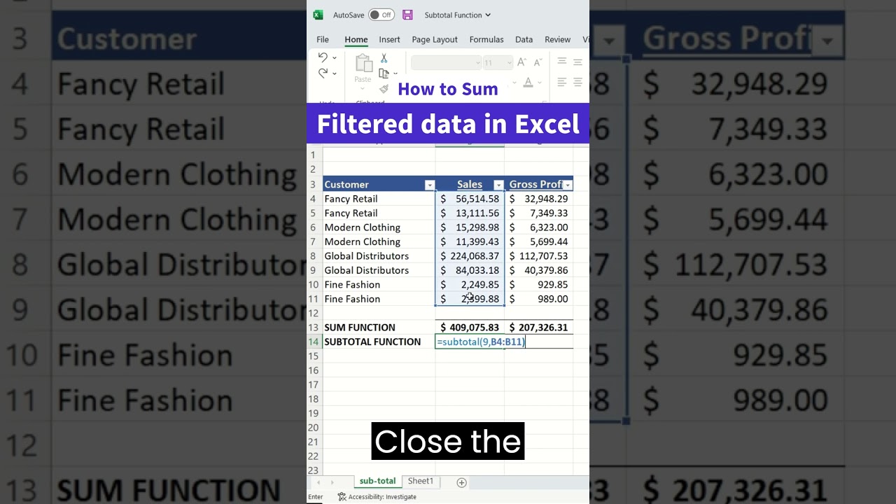How to sum filtered data in Excel