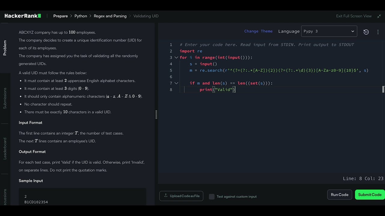 Hackerrank Python Solution #14 Regex and Parsing - Validating UID
