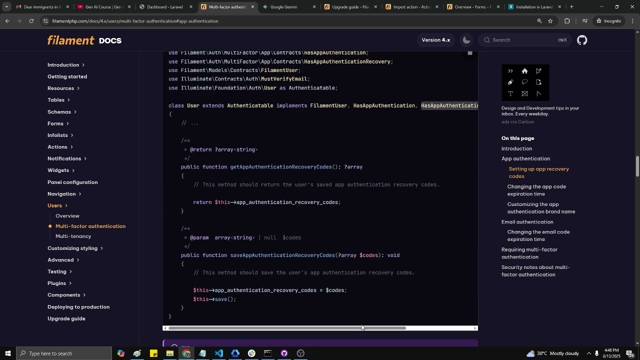 Filament v4: App Authentication (Multi Factor Authentication - MFA)