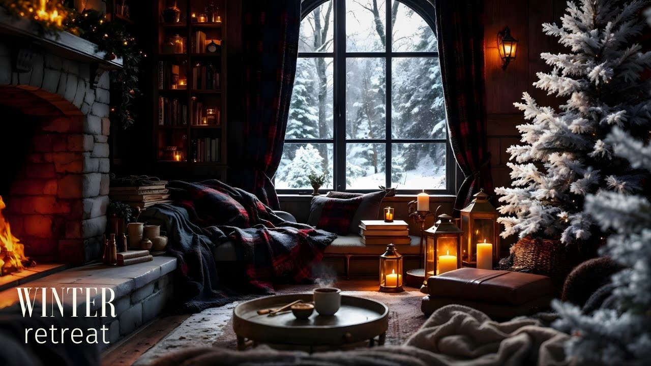 Tartan & Timber Cozy Winter Retreat | Fireplace Crackles & Gentle Snowfall