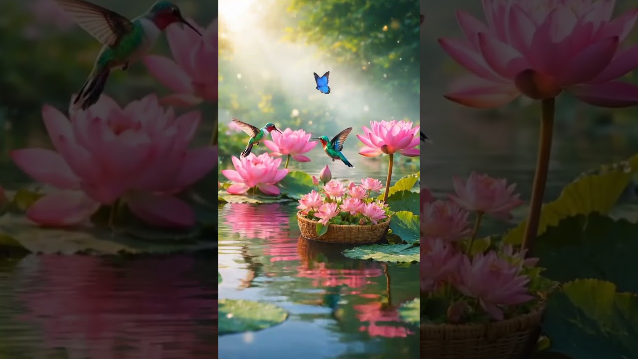 River side hummingbird, playing with flowers #hummingbird #butterfly #lotus