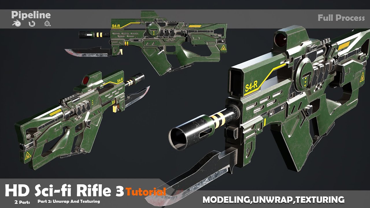 High Detail Sci-fi Rifle 3 Part1:Unwrap And Texturing #tutorial #scifi #blender #hardsurface