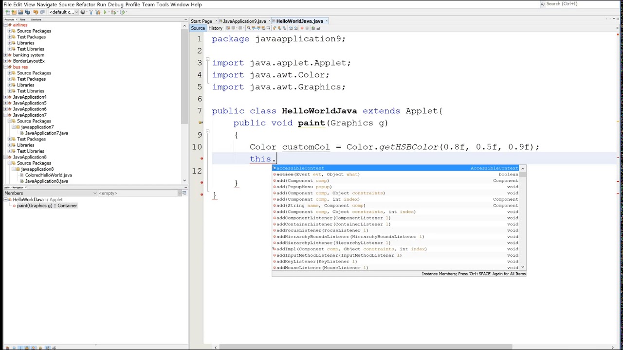 Create Custom Color Using HSB Example in Applet