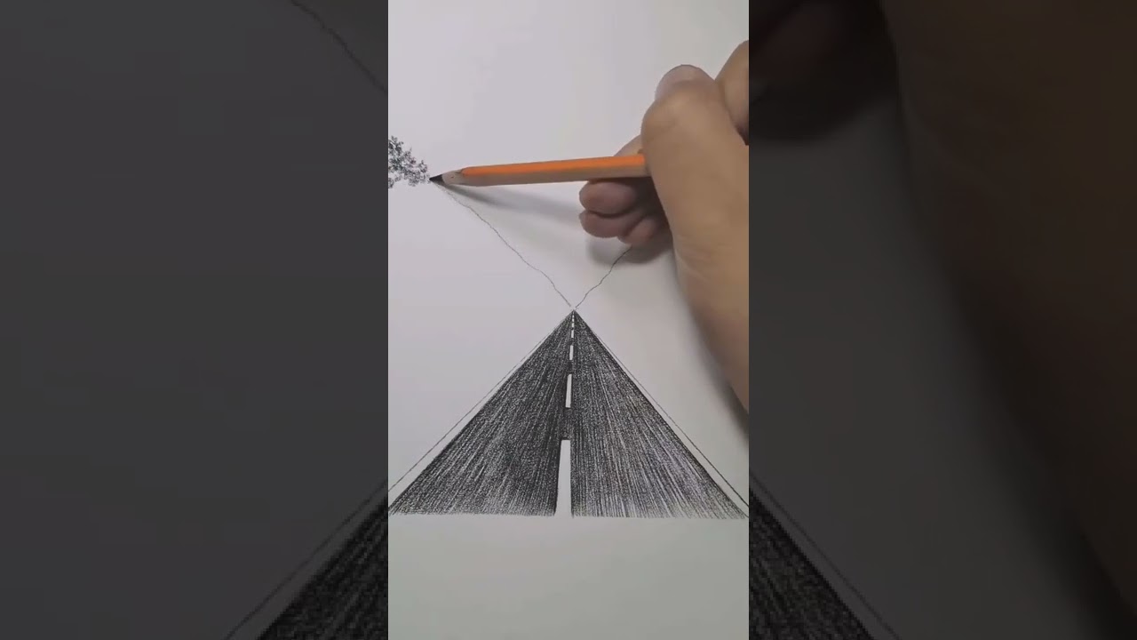 one point perspective drawing trees on side of road 🛣️