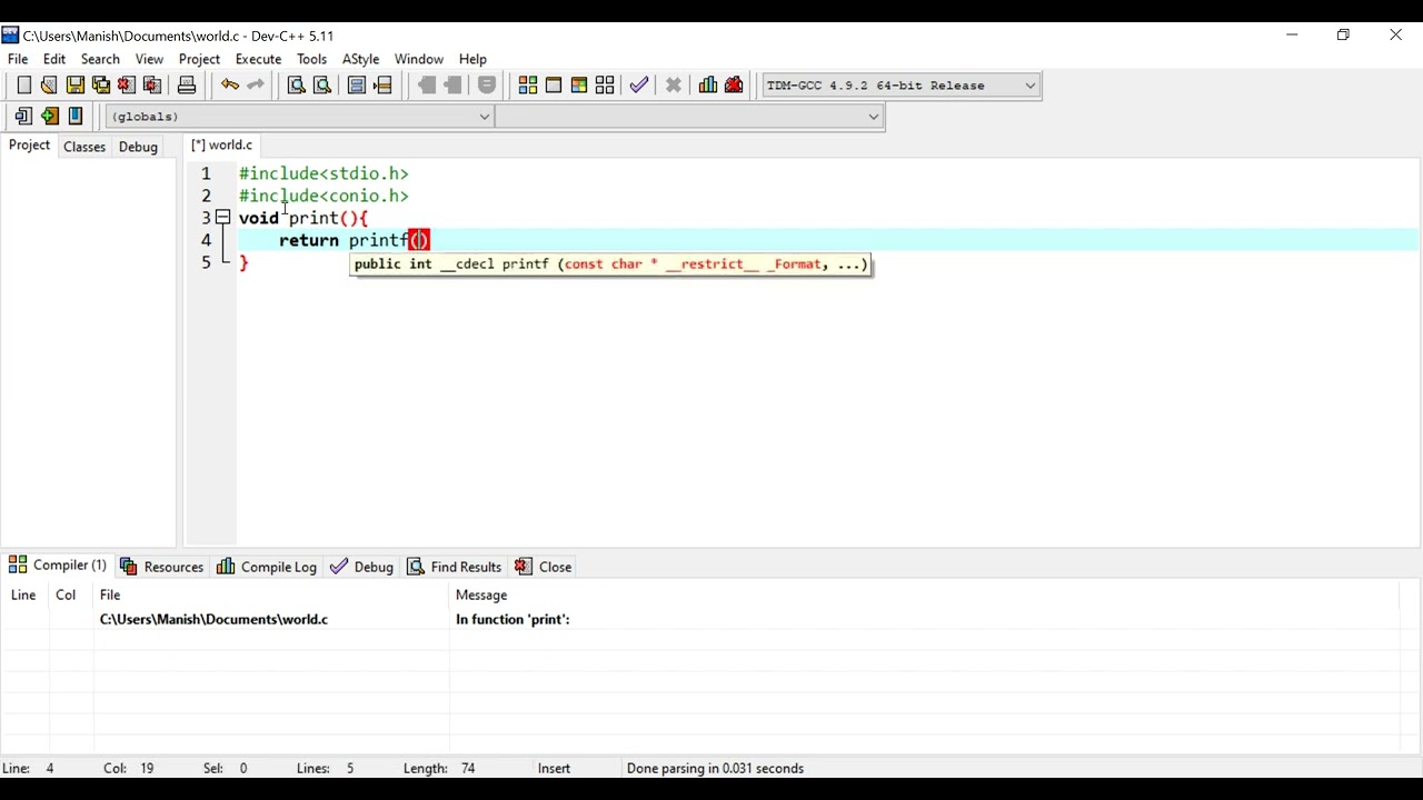 Print Hello World using Function in c programming