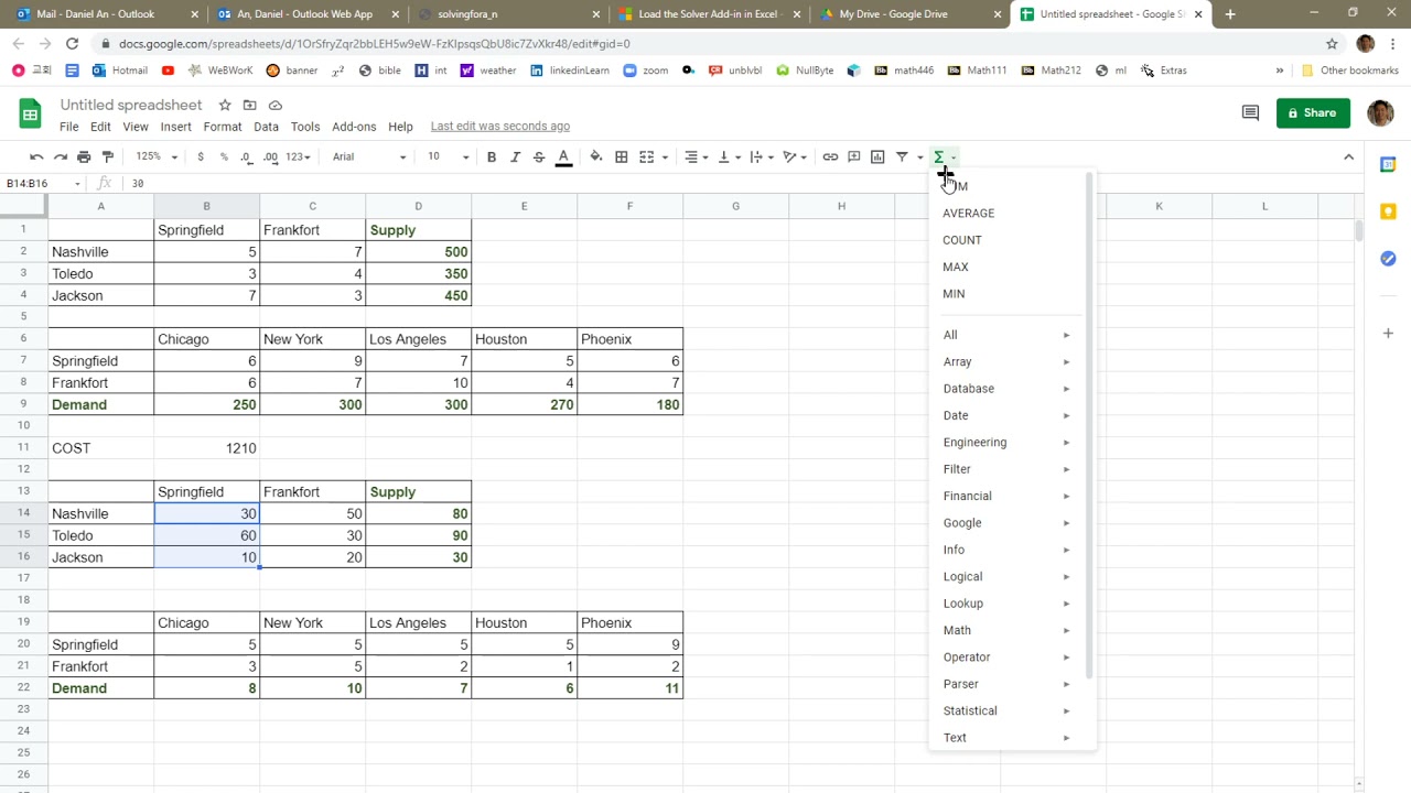How to solve trans-shipment problem in google sheets
