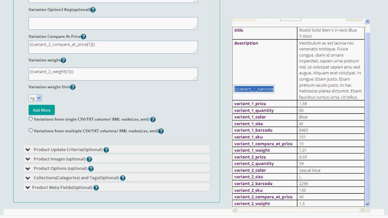 Product Import with complete variations data