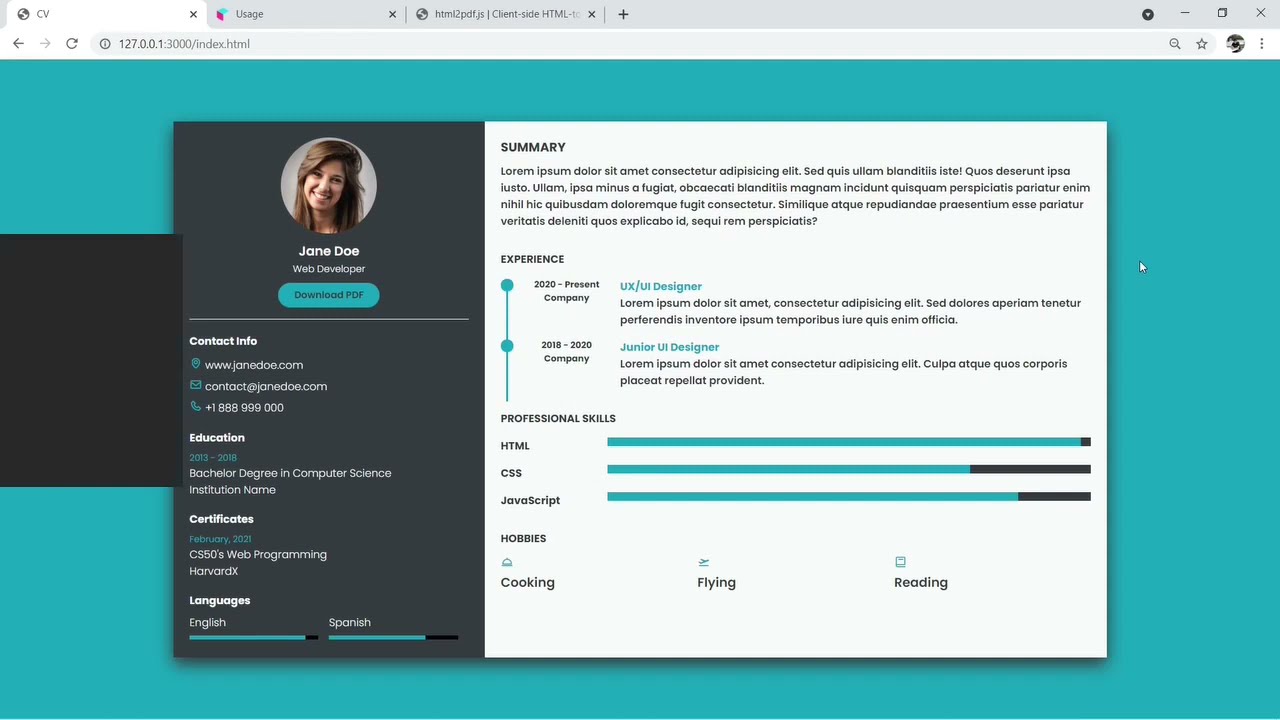 Responsive CV Website Template using HTML, CSS and JavaScript