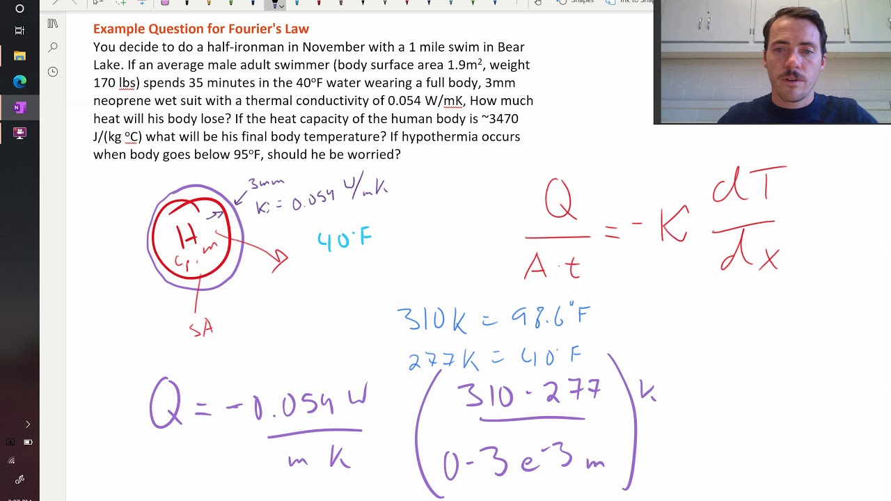 Example of Fourier's Law for heat loss during swimming