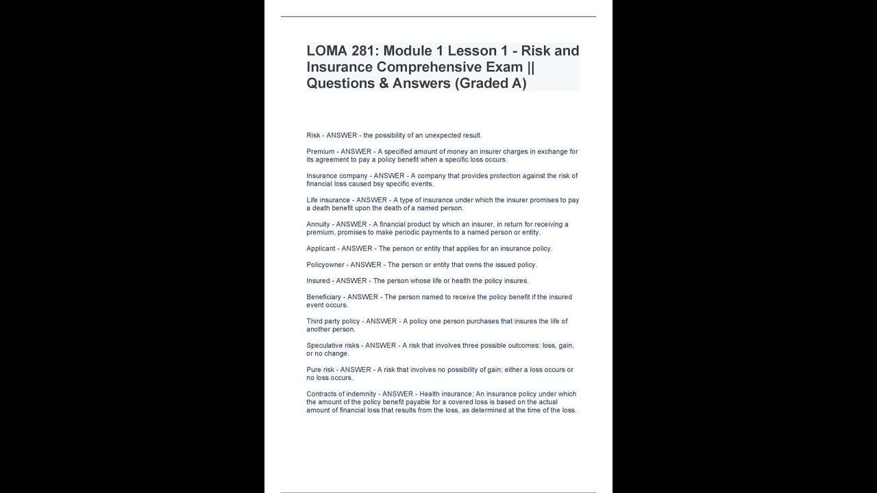 LOMA 281 MODULE 1 LESSON 1 RISK AND INSURANCE COMPREHENSIVE EXAM QUESTIONS EN ANSWERS GRADED A 2
