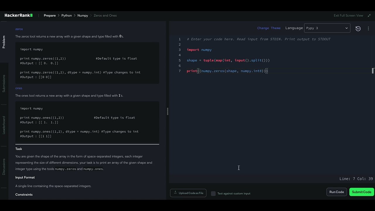 Hackerrank Python Solution  #5 Numpy - Zeros and Ones