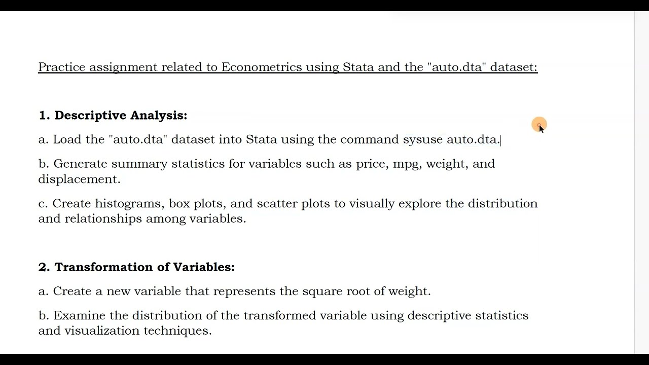 Econometrics Assignment 1 Using Stata – Class 1 Tutorial