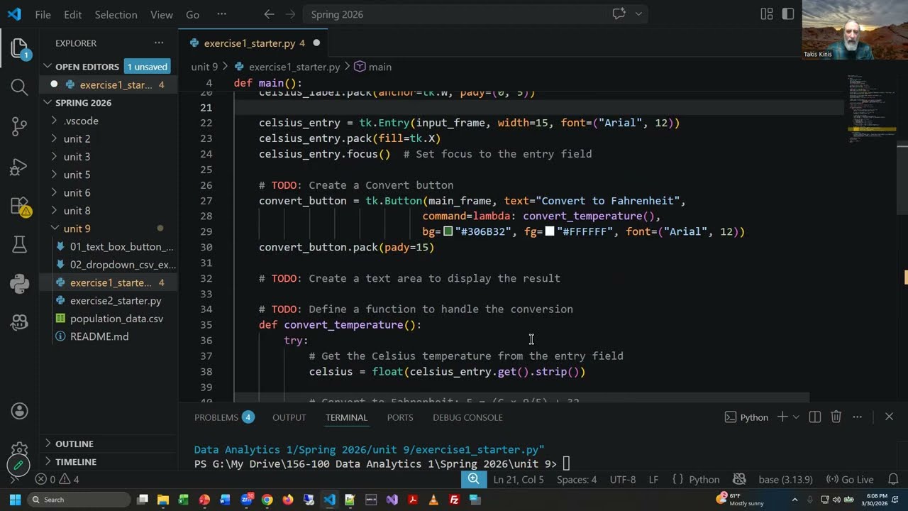 Data Analytics 1 - Unit 9 Lecture/Demo/Exercises Part 2 - Python GUI programming - Spring 2026