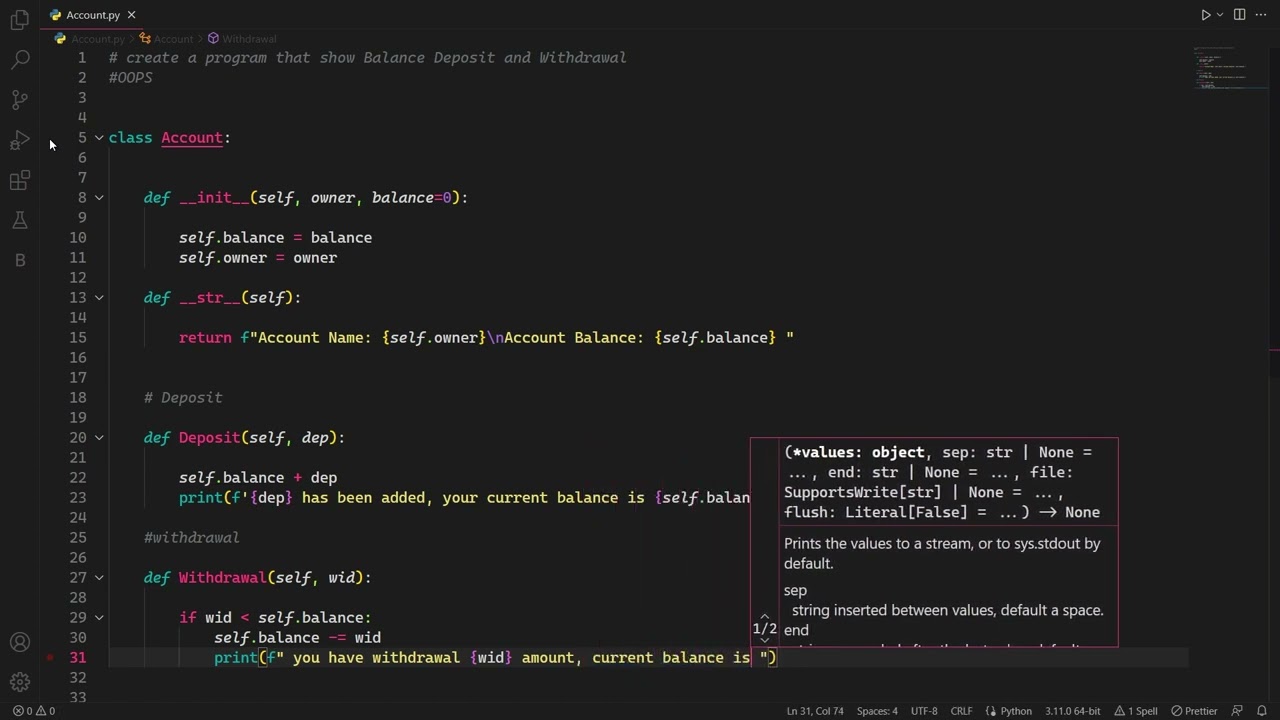 Bank Account program | OOPs in Python| #python #pythonprogramming #coding