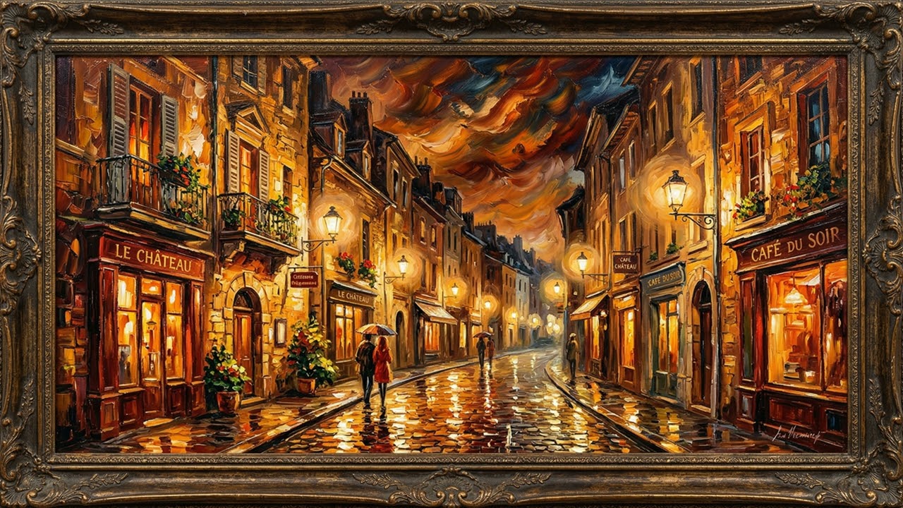 Golden Reflections on a Quiet Night Street 4K | Cinematic European Scene | Framed Art TV Screensaver