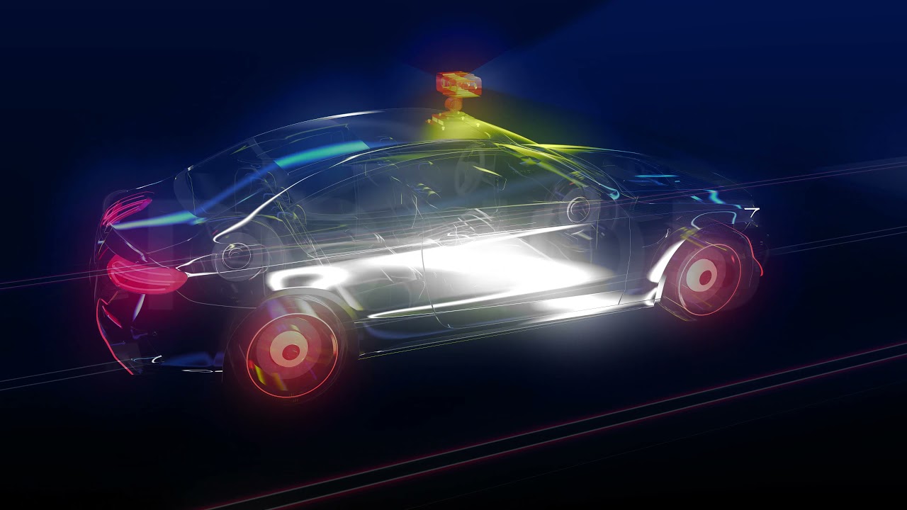 Animation of an autonomous vehicles with sensors scanning the road