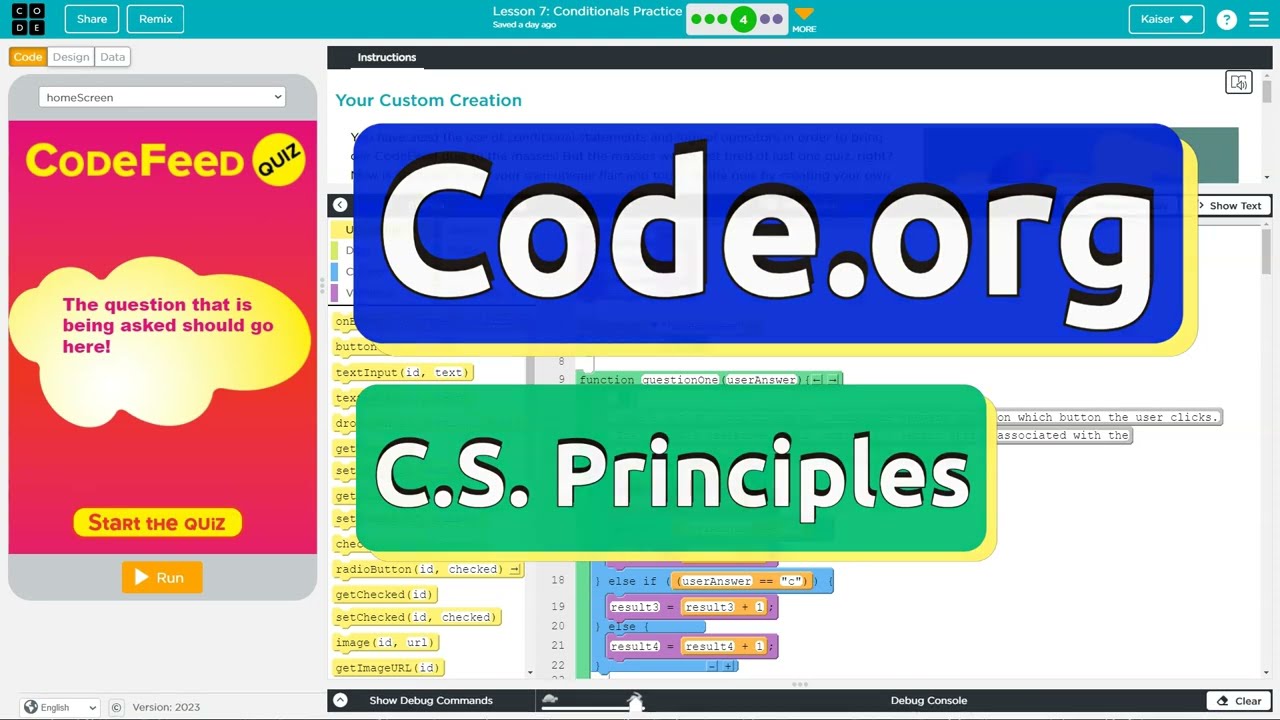 Code.org Lesson 7.4B Conditionals Practice | Answer Tutorial | Unit 3 CS Principles 2023