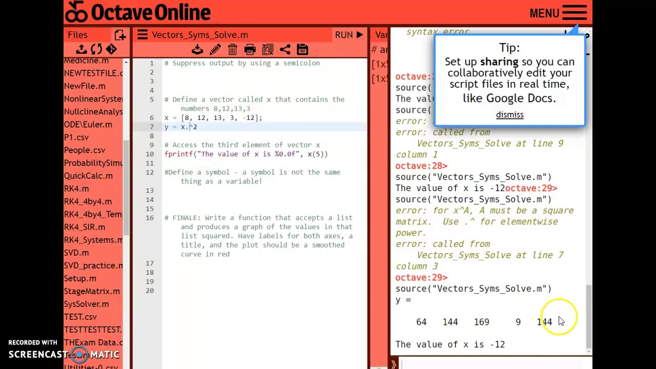 Vectors, Symbolics, and Solving in Octave