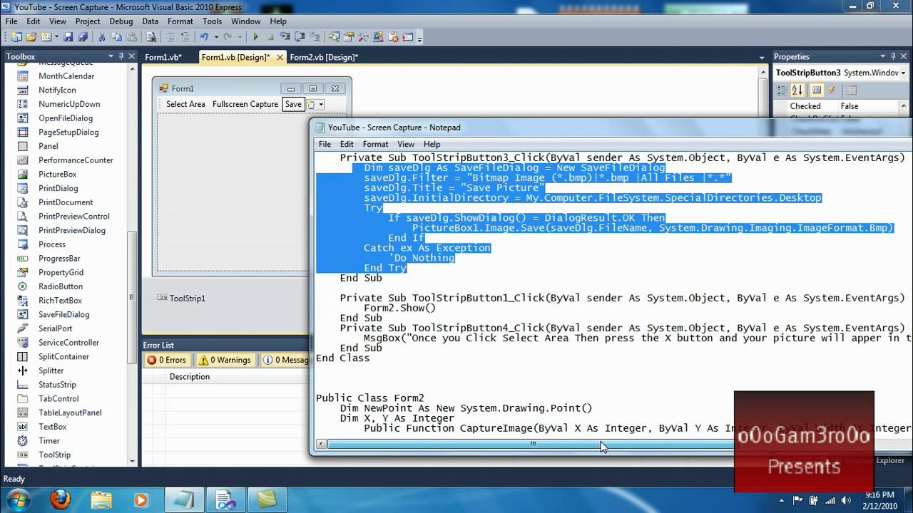 Visual Basic 2008 Tutorial - Screen Capture