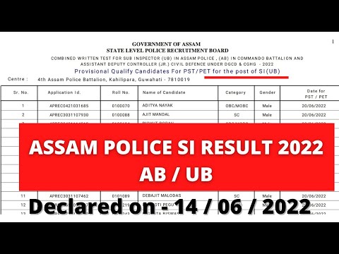 Assam Police SI Result 2022 | AB and UB both | Assam Police SI Result pdf download