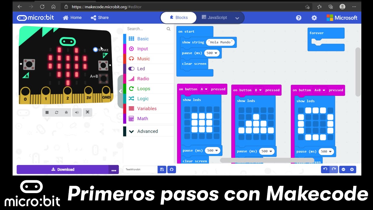 Getting started with micro:bit. Simple examples with Makecode.