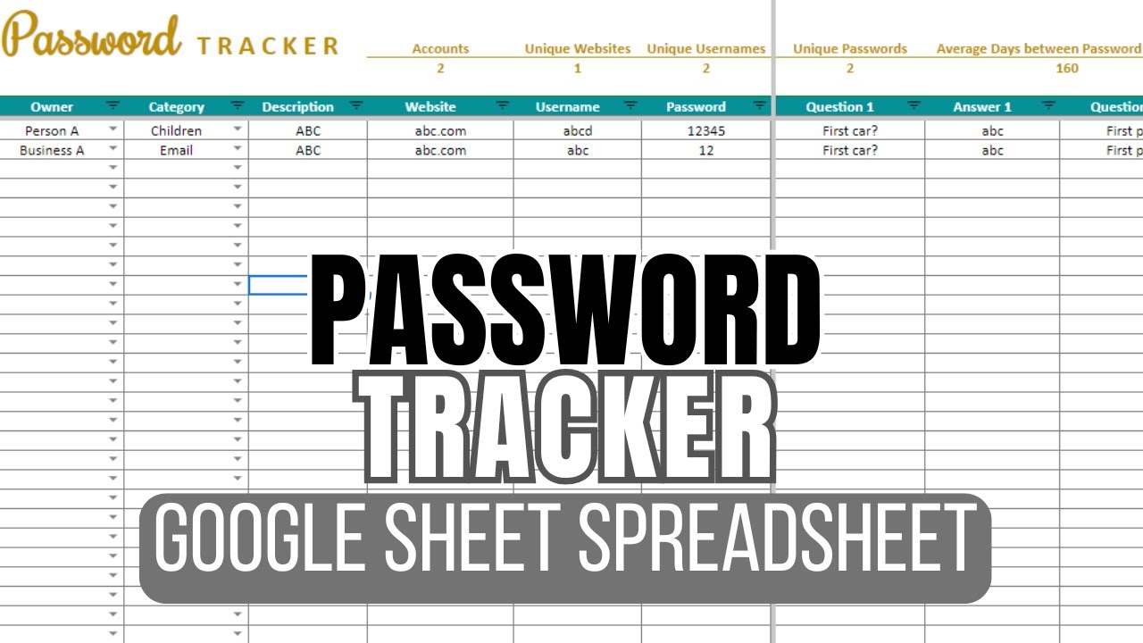 Simple Password Tracker  Spreadsheet (Google Sheets)