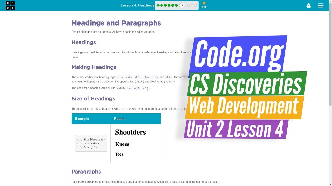 Headings - Lesson 4.7 Tutorial with Answers - Code.org Web Development