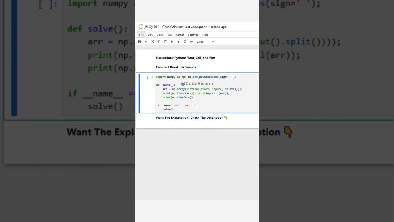 Floor, Ceil, and Rint – One-Liner Version #Python #HackerRank #OneLiner #NumPy #Floor #Ceil #Rint