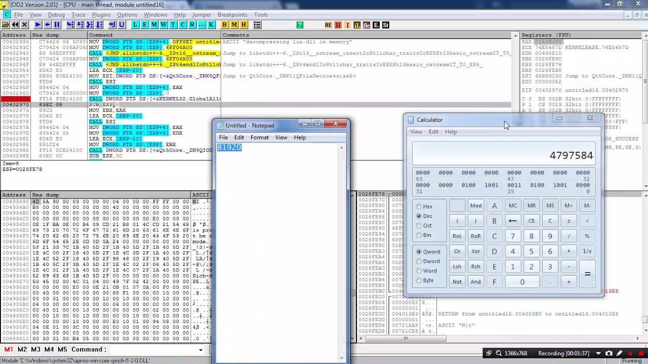 ollydbg extracting a DLL embedded in executable