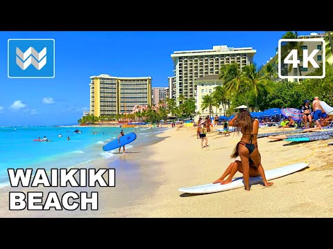 [4K] Waikiki Beach in Honolulu Hawaii - Walking Tour Vlog & Vacation Travel Guide 🎧 Relaxing Waves
