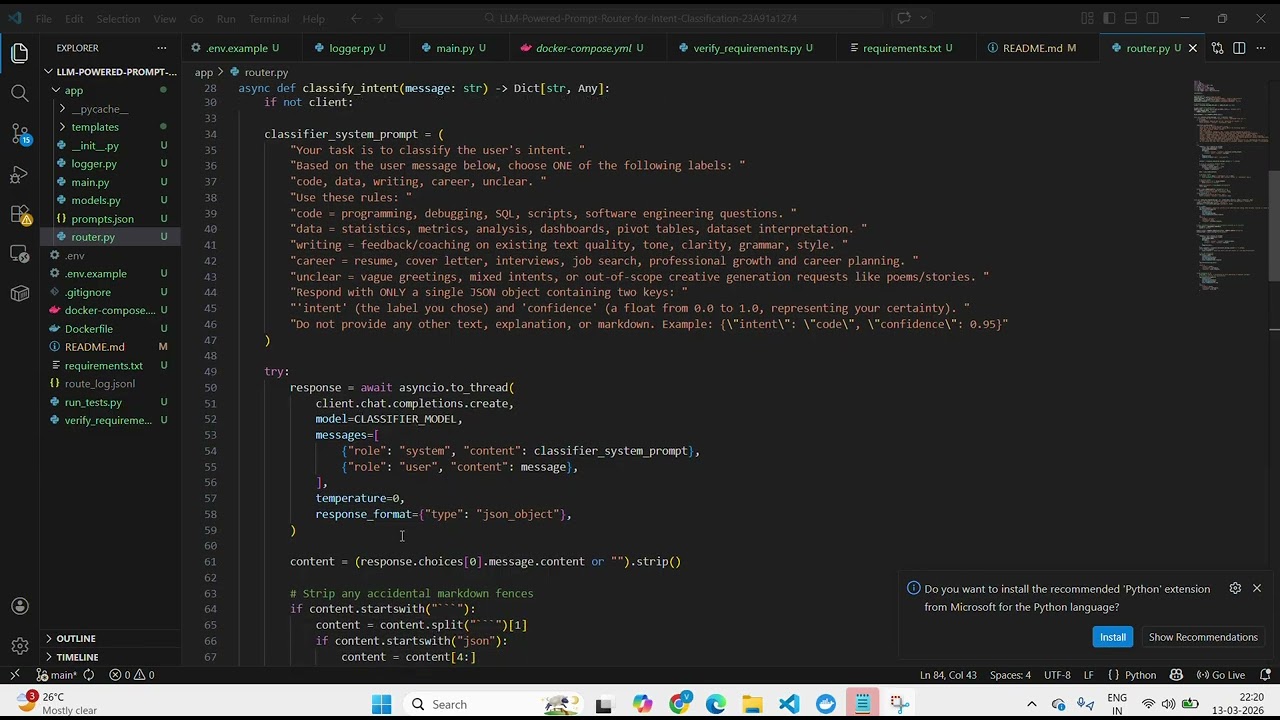 LLM powered prompt router for intent classification