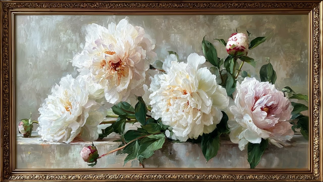 Timeless Peonies in Bloom | Vintage Floral Oil Painting Elegance | Still Art Screen Saver | 4K