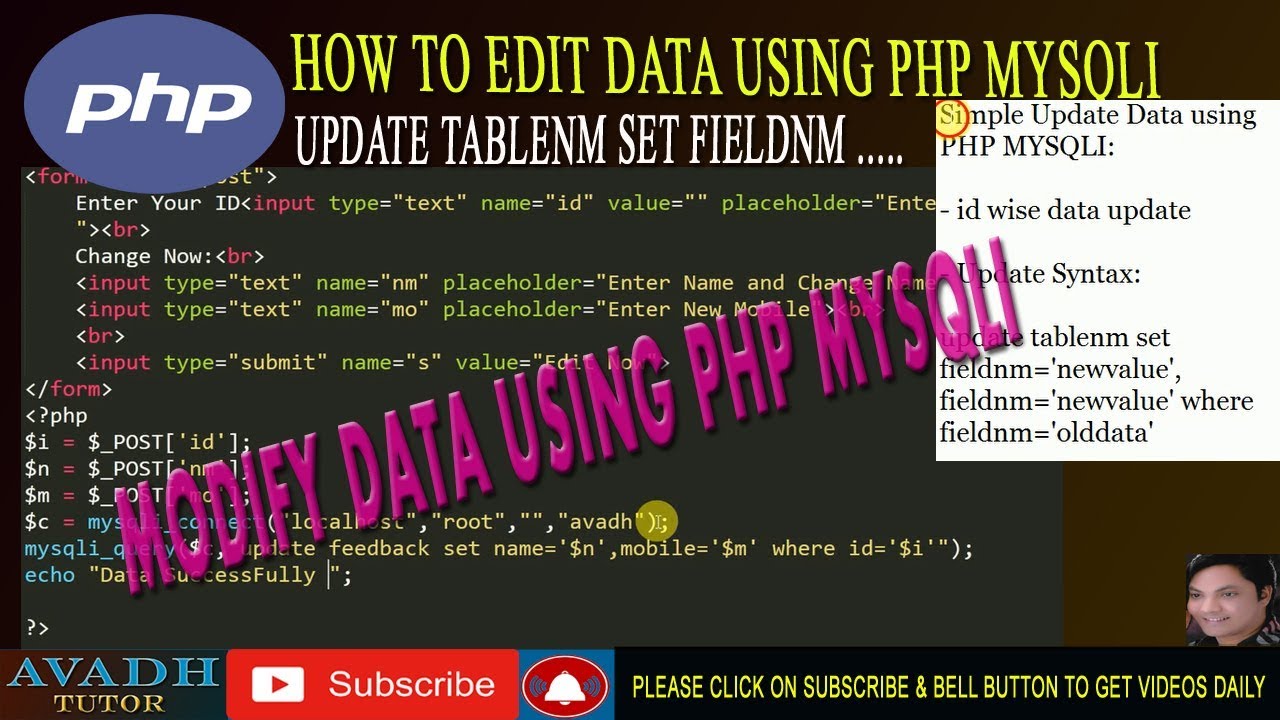 update data using php mysqli | php mysqli tutorial | avadh tutor
