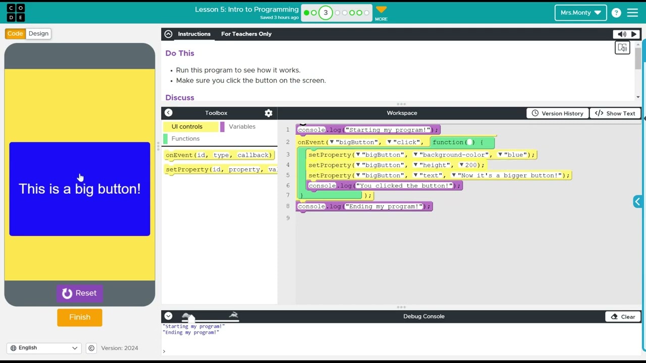 Code.org Computer Science Principles Unit 3: Lesson 5 - Intro to Programming