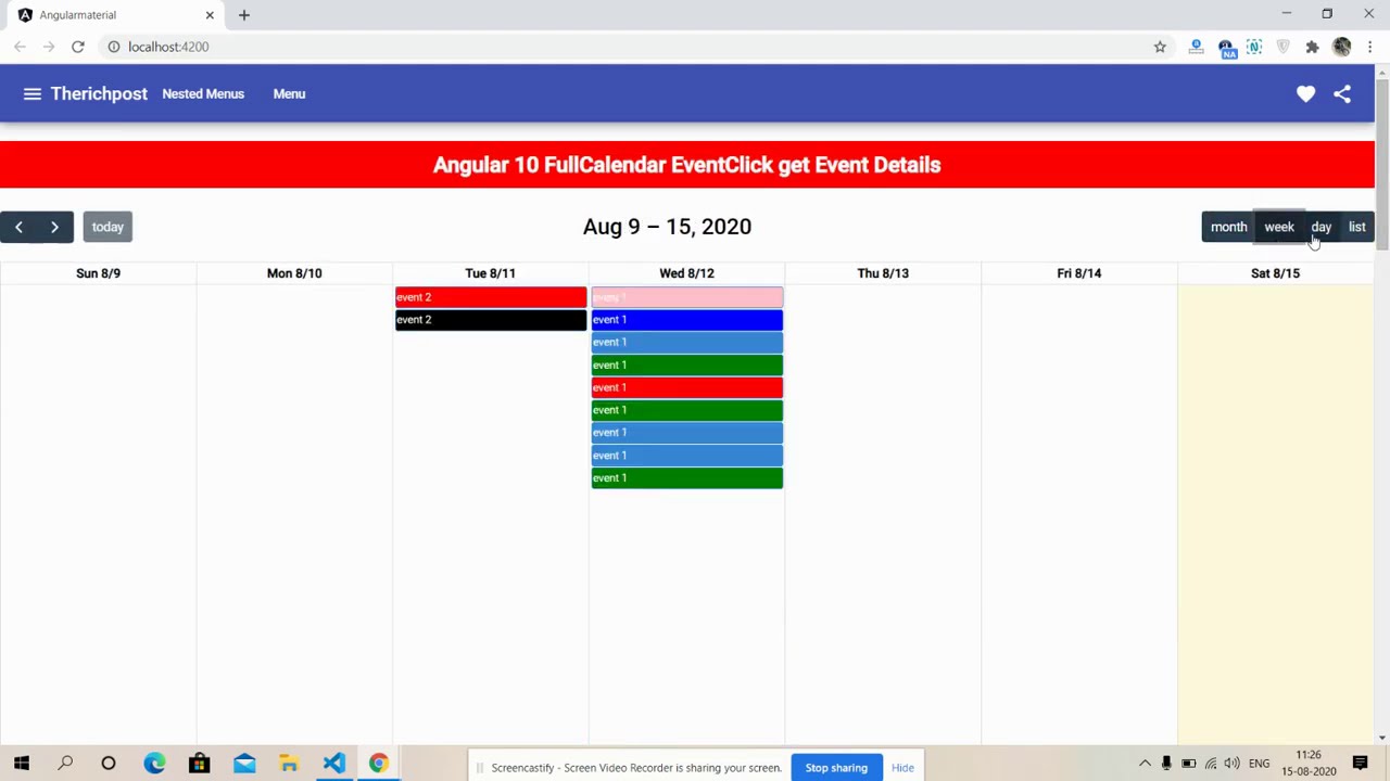 Angular 10 FullCalendar EventClick Working Functionality