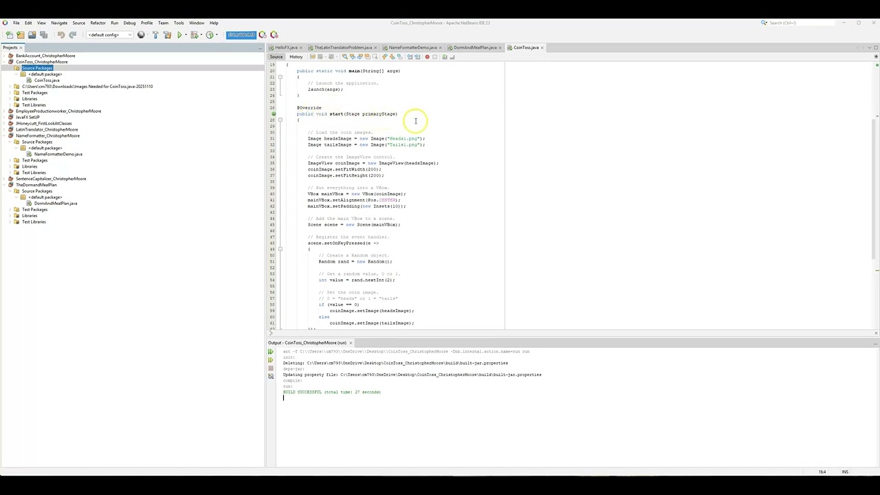 CSC 251 Advanced JAVA Programming Chapter 14 Assignment CoinToss Christopher Moore