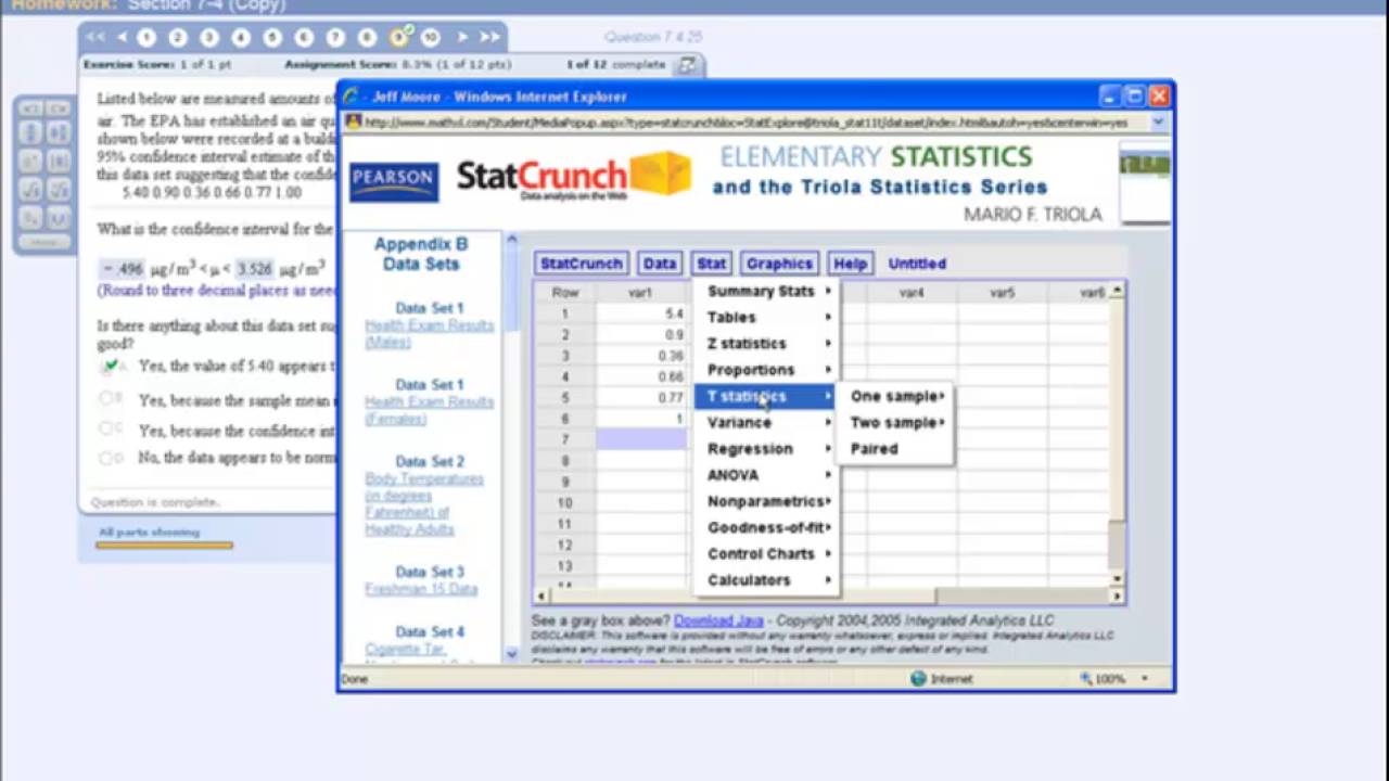 Chapter 7 confidence interval for mean example 3 Statcrunch