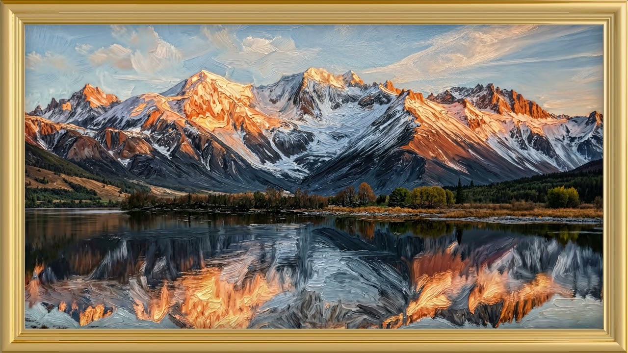 Majestic Mountains Lake Reflection Oil Painting | TV Wallpaper | Free Background | 4K Frame Art