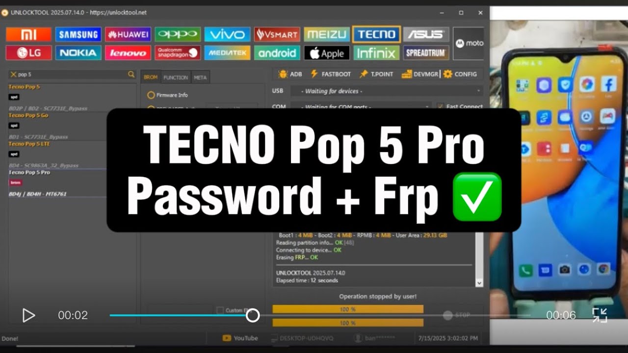 TECNO Pop 5 Pro BD4j / BD4h Password + Frp bypass with UnlockTool