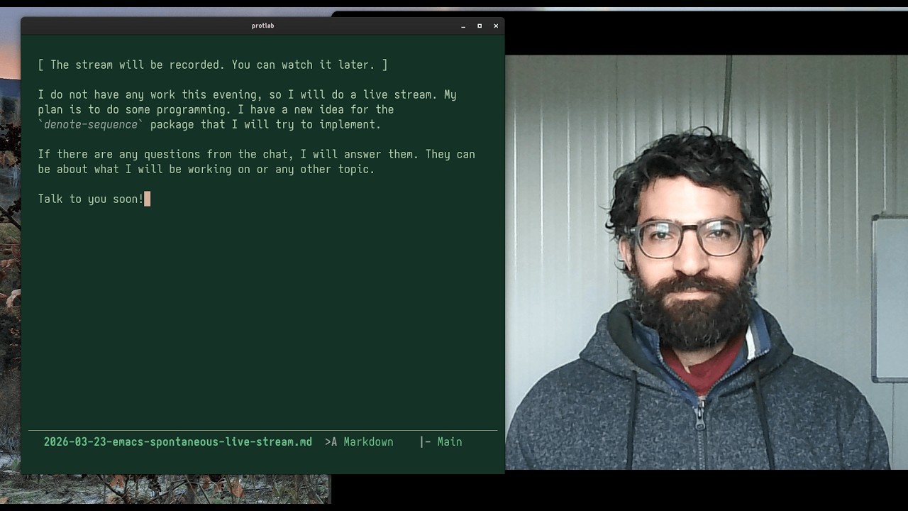 Emacs: spontaneous live stream to implement a denote-sequence feature