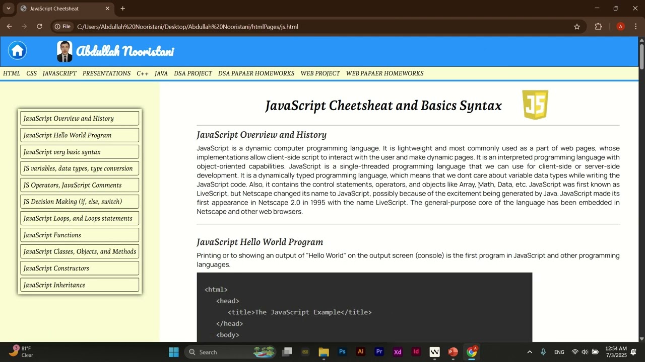 Cheatsheet of HTML, CSS, JavaScript, C++, Java