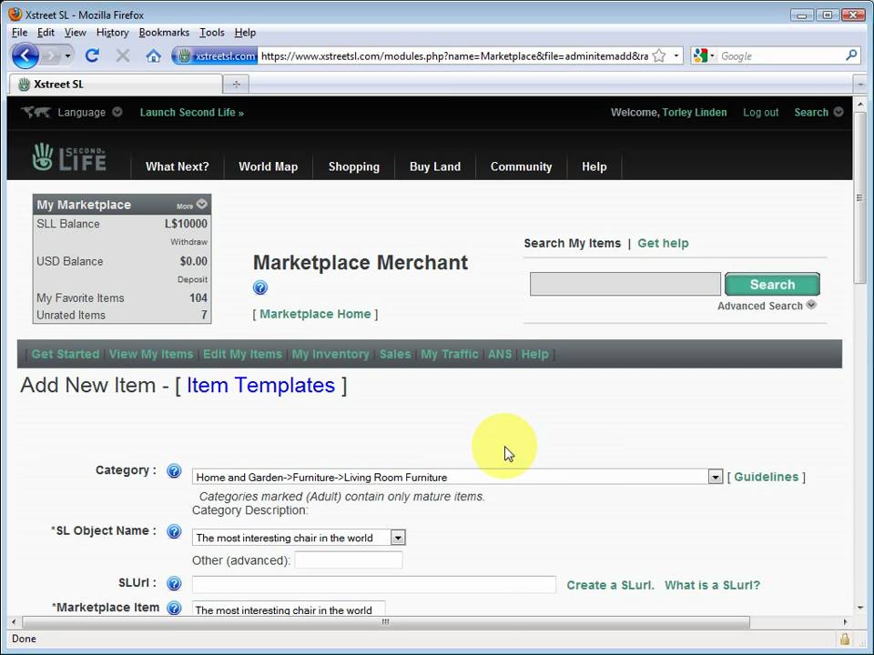 SECOND LIFE - Xstreet: Listing an item on the virtual marketplace