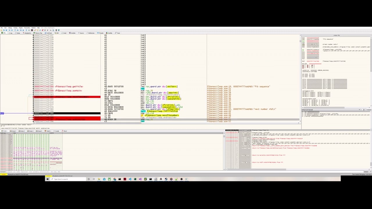 x64-bit Assembly: Fibonacci Sequence Debugging