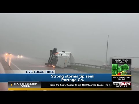 Semi blown over by strong winds on Highway 10 in Portage County