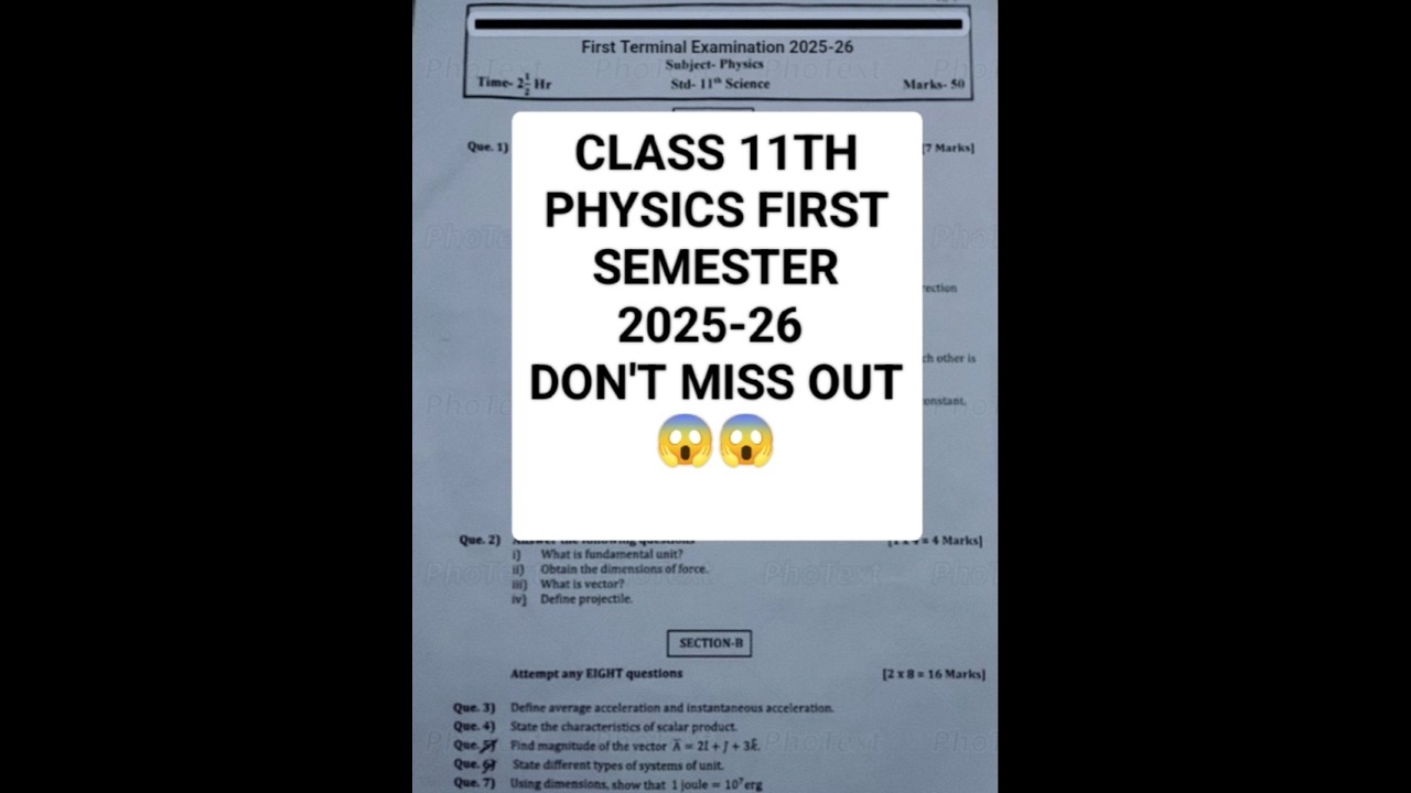Class 11th Physics First term Most expected question paper 2025-26