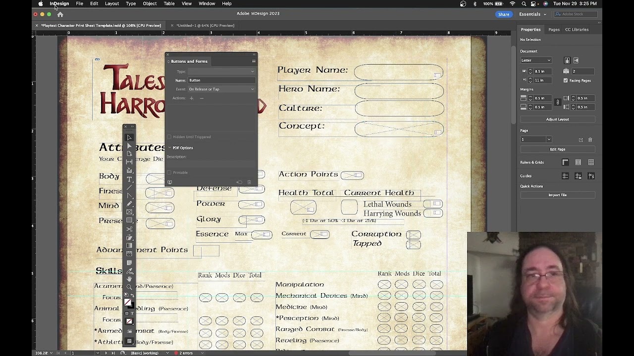 Make Fillable PDF RPG Character Sheet!  Adobe InDesign Demo